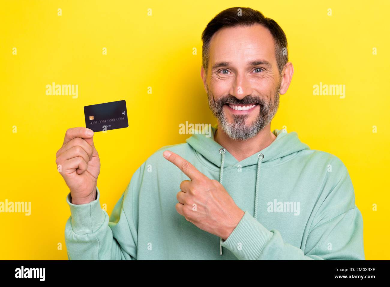 Close up photo of positive man bank client wear stylish clothes ...