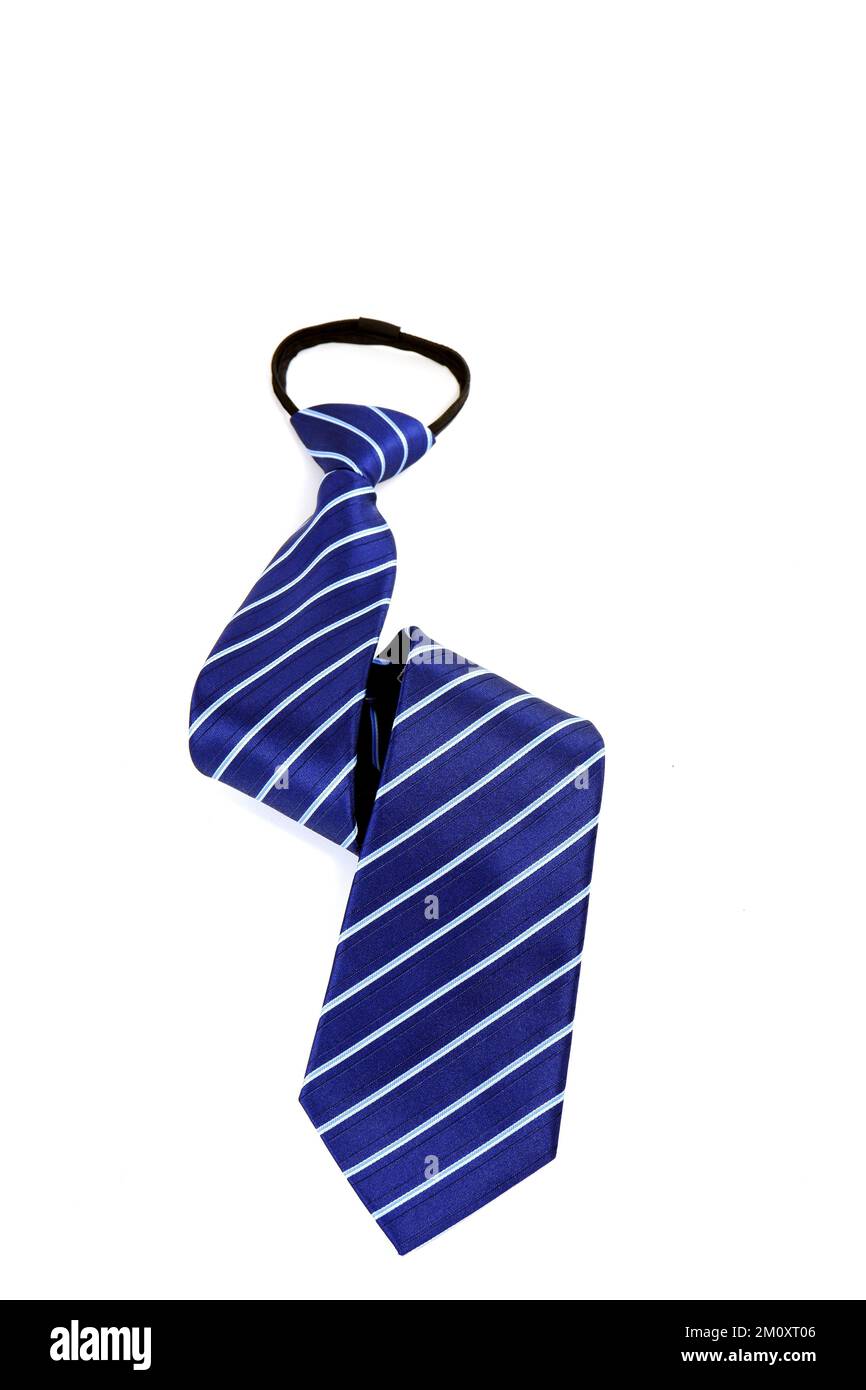A vertical shot of a blue-striped polyester necktie isolated on a white ...