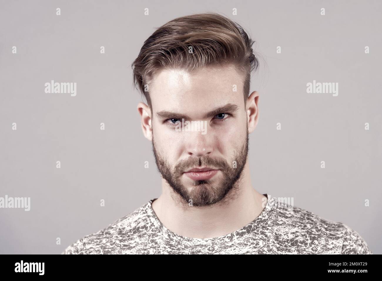 Man bearded confident face, grey background. Skin care concept. Man ...