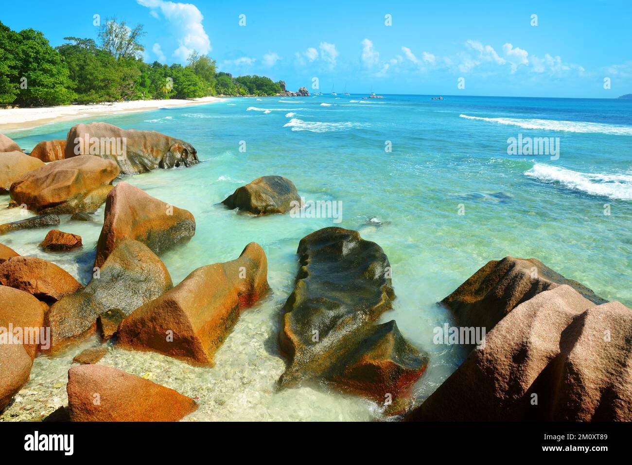 Anse Severe beach in the tropical island La Digue, Seychelles Stock ...