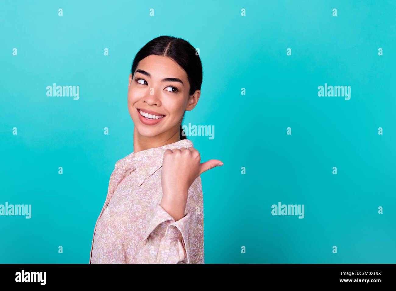 Profile portrait of gorgeous positive person look direct thumb finger ...