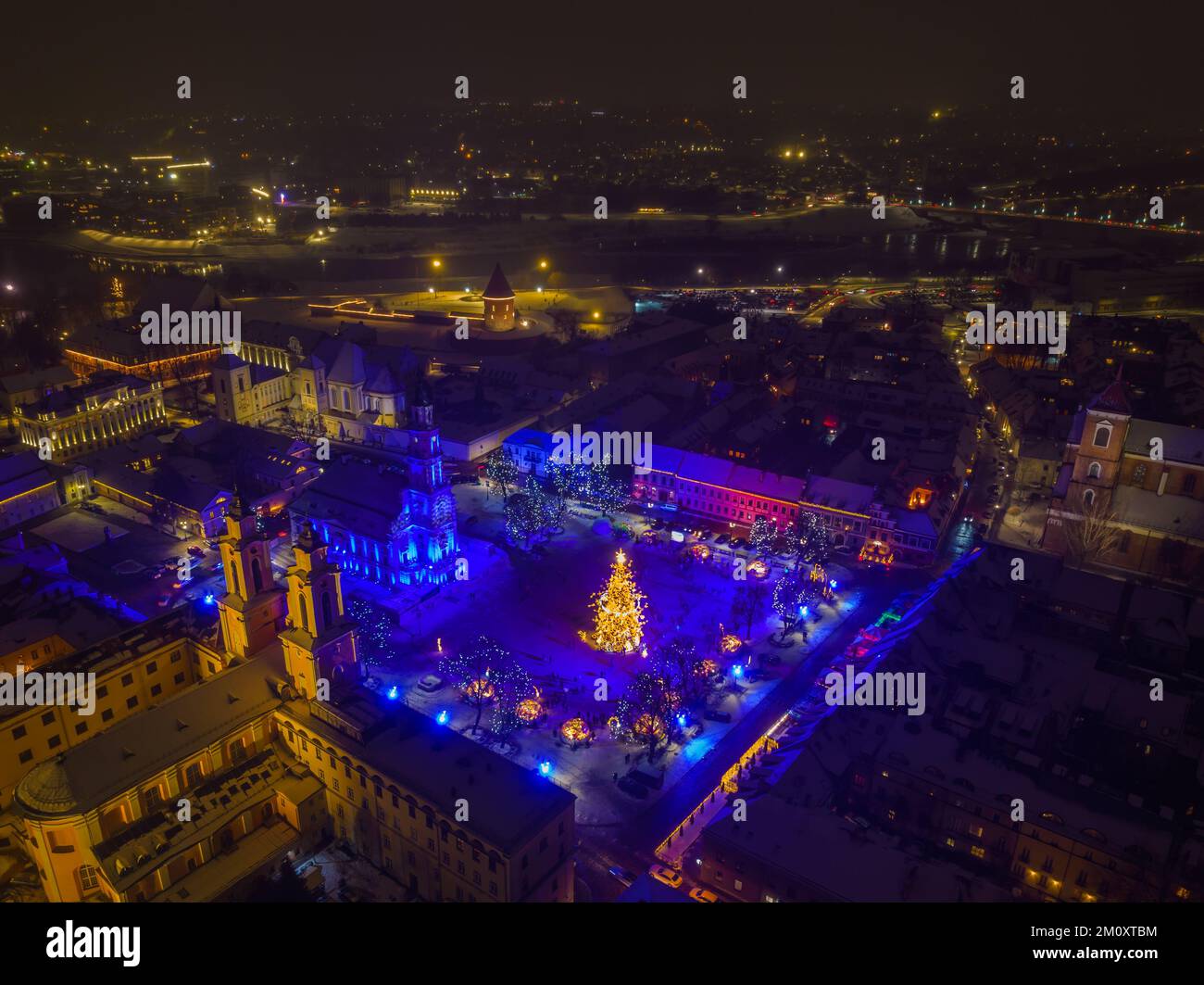 Aerial photo of Kaunas Christmas tree and Christmas town in a city hall ...