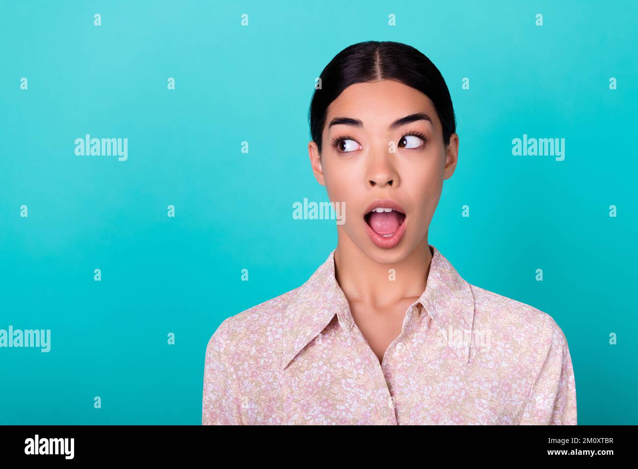 Photo of young japanese woman impressed news look empty space dressed ...