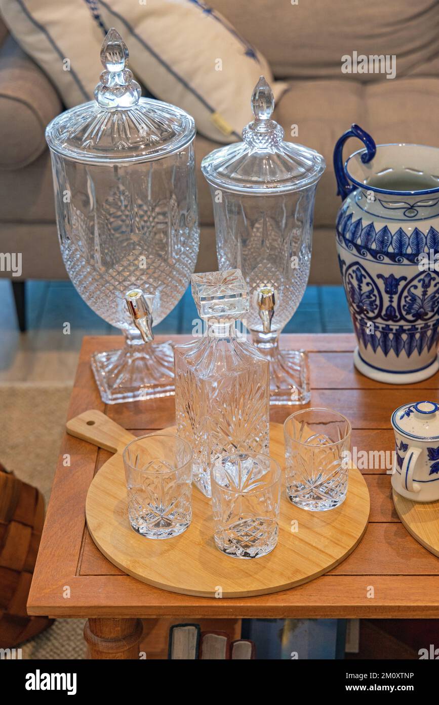 Crystal Whiskey Bottle With Glasses Round Tray at Wooden Table Stock ...