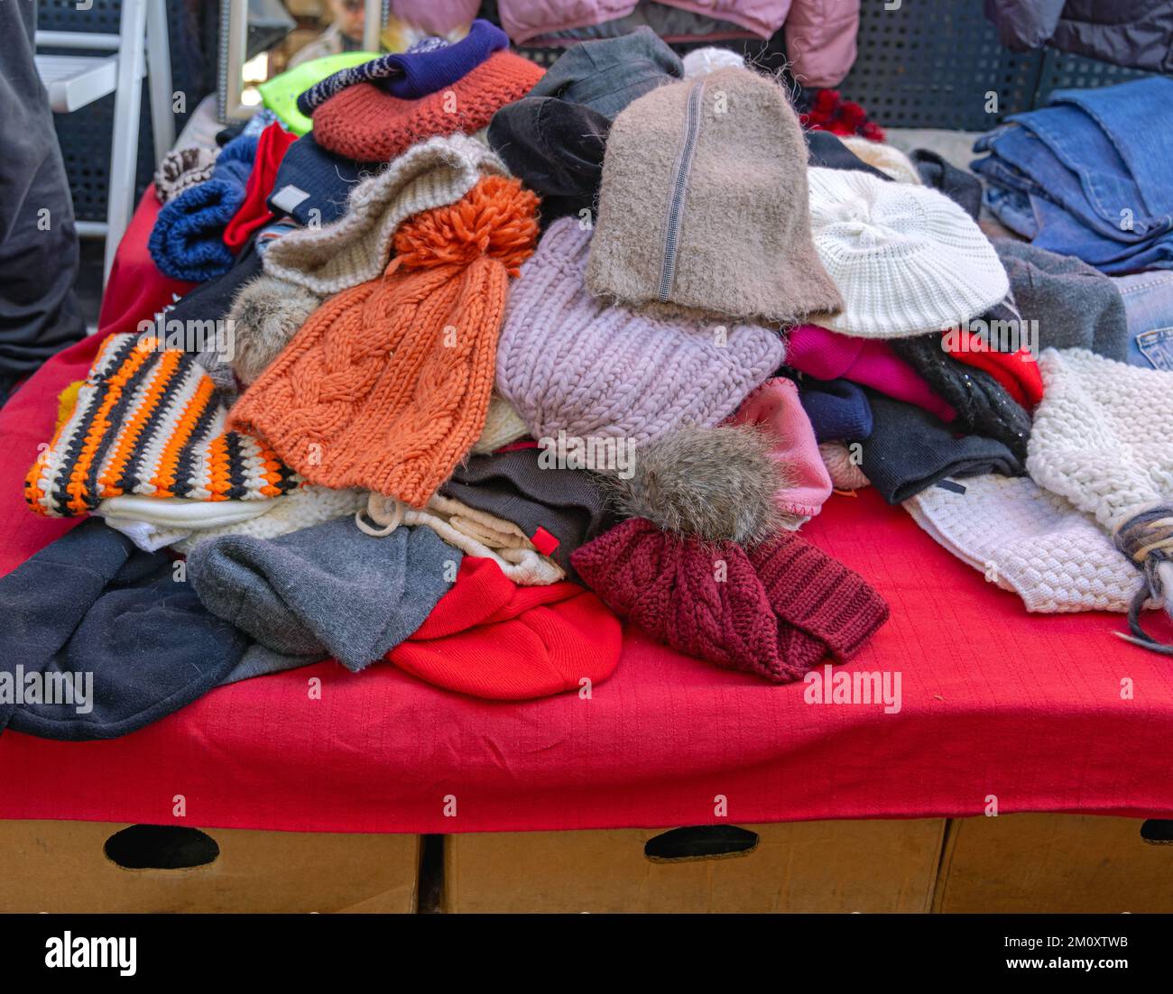 Many Colourful Wool Winter Beanie Hats Ski Caps Flea Market Stock Photo ...