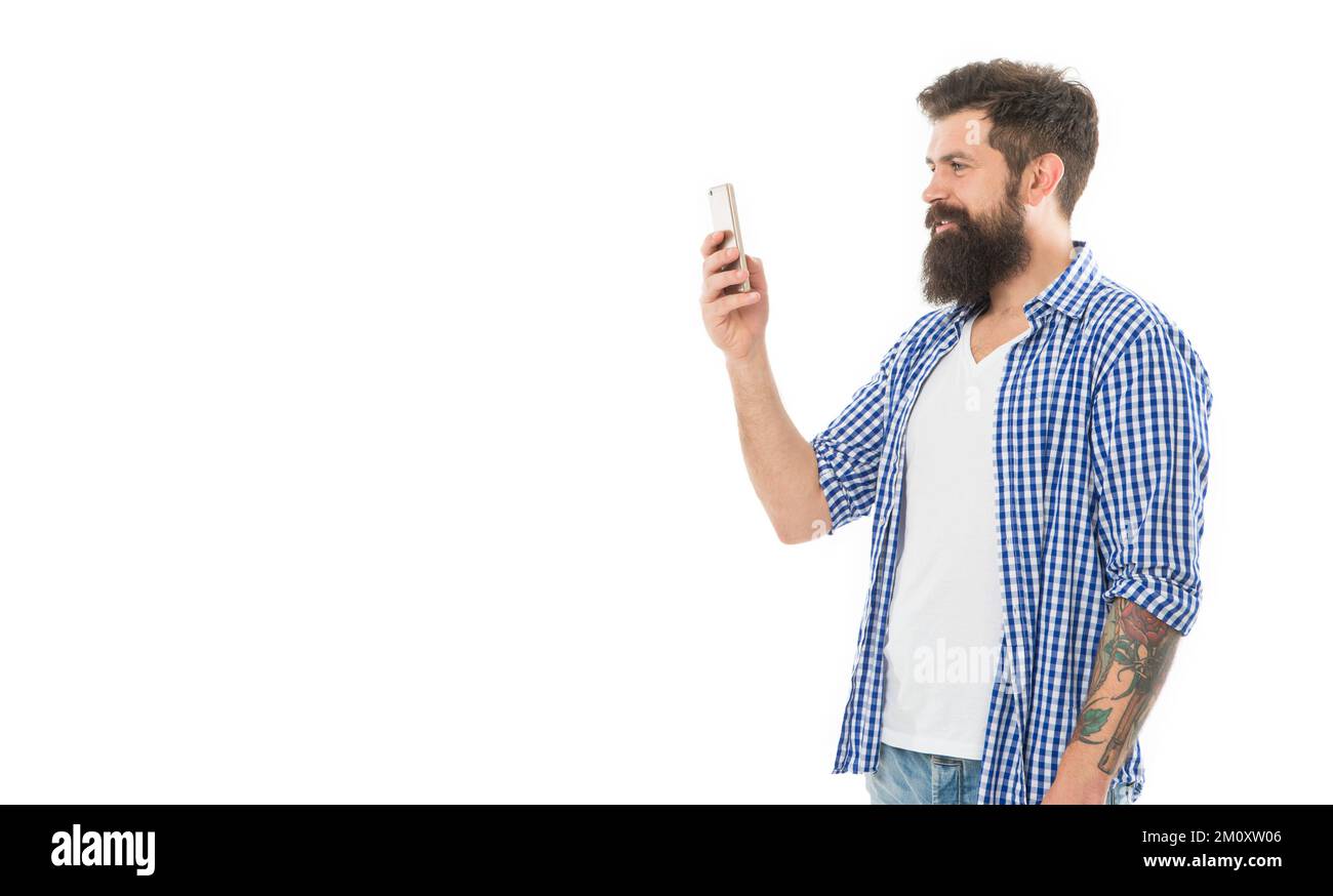 happy man blogger with phone isolated on white background. blogger man ...