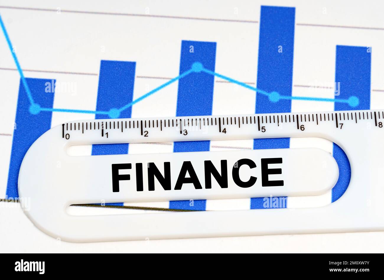 Economy concept. On the sheet with graphs there is a white ruler with ...