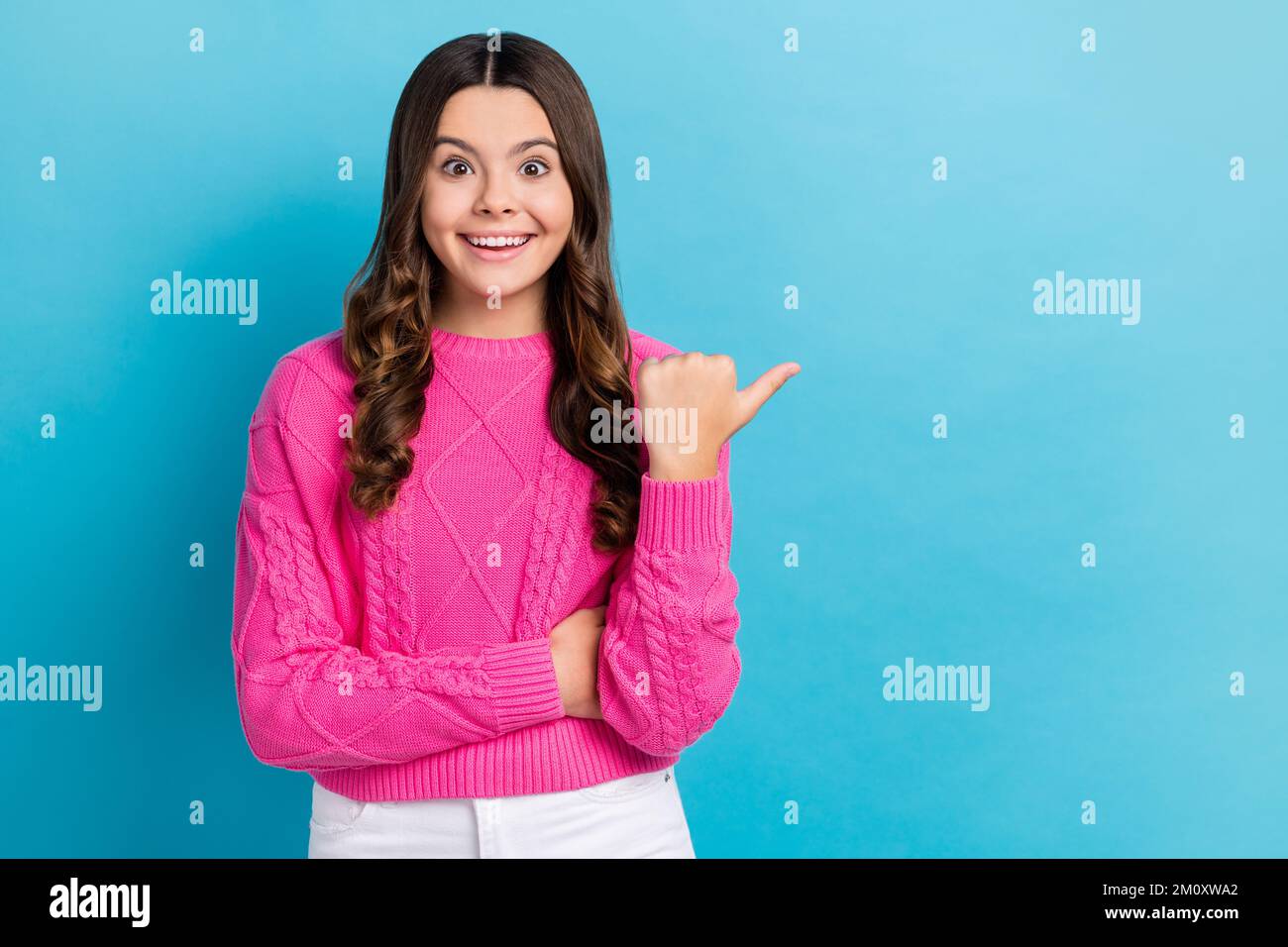 Photo of astonished adorable lady wear knitted stylish clothes thumb ...