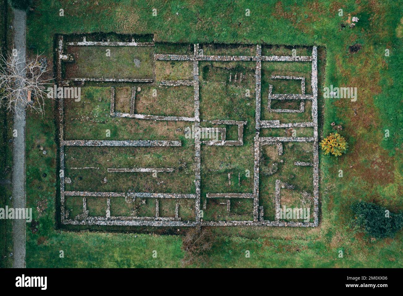 Archaeological excavations of ancient ruins, directly above drone view ...