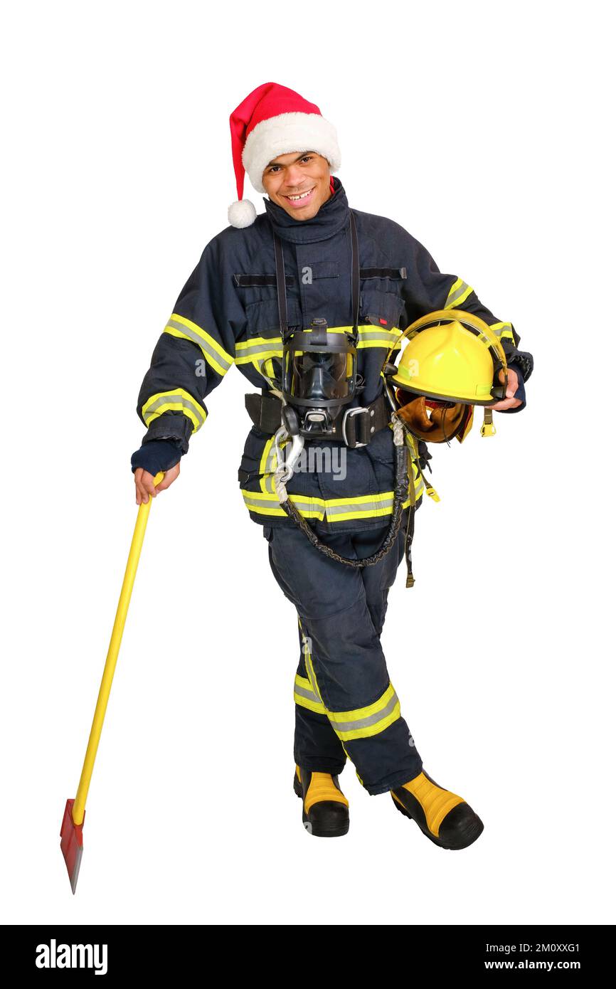 Fireman in red santa hat holds axe and hardhat in hands isolated Stock ...