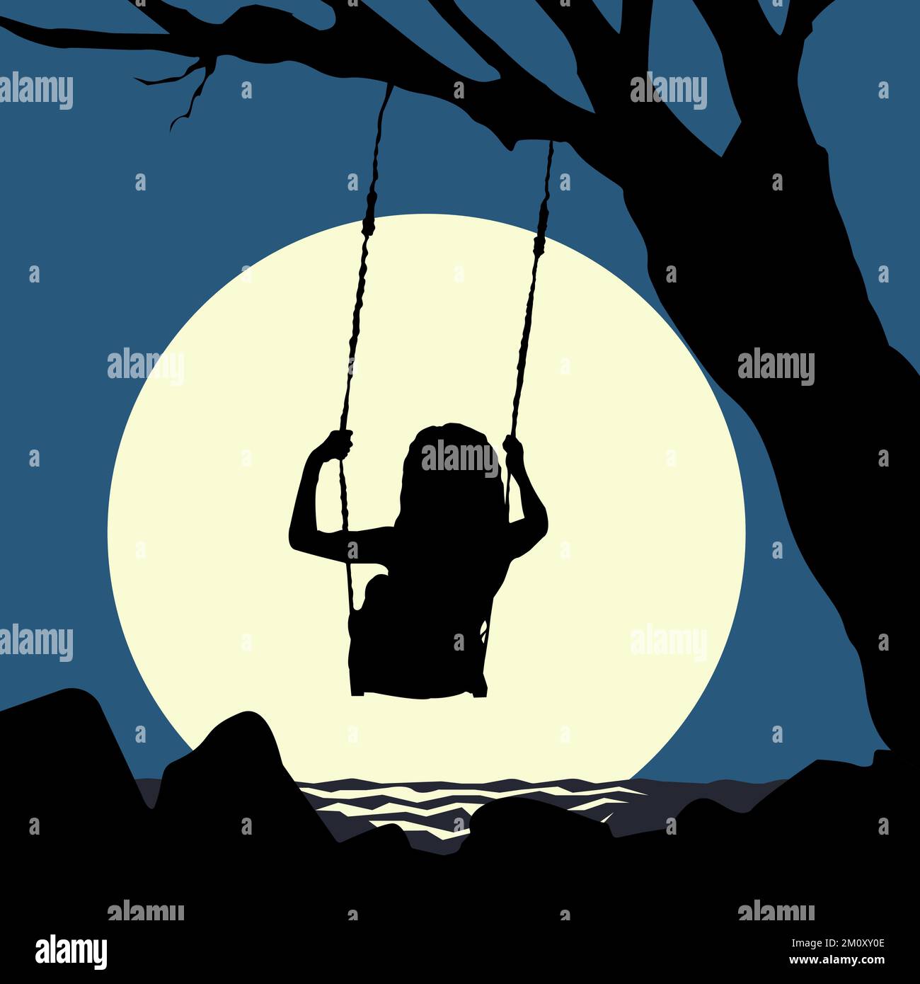 Girl on a swing hanging on a tree by the sea with fool moon vector ...