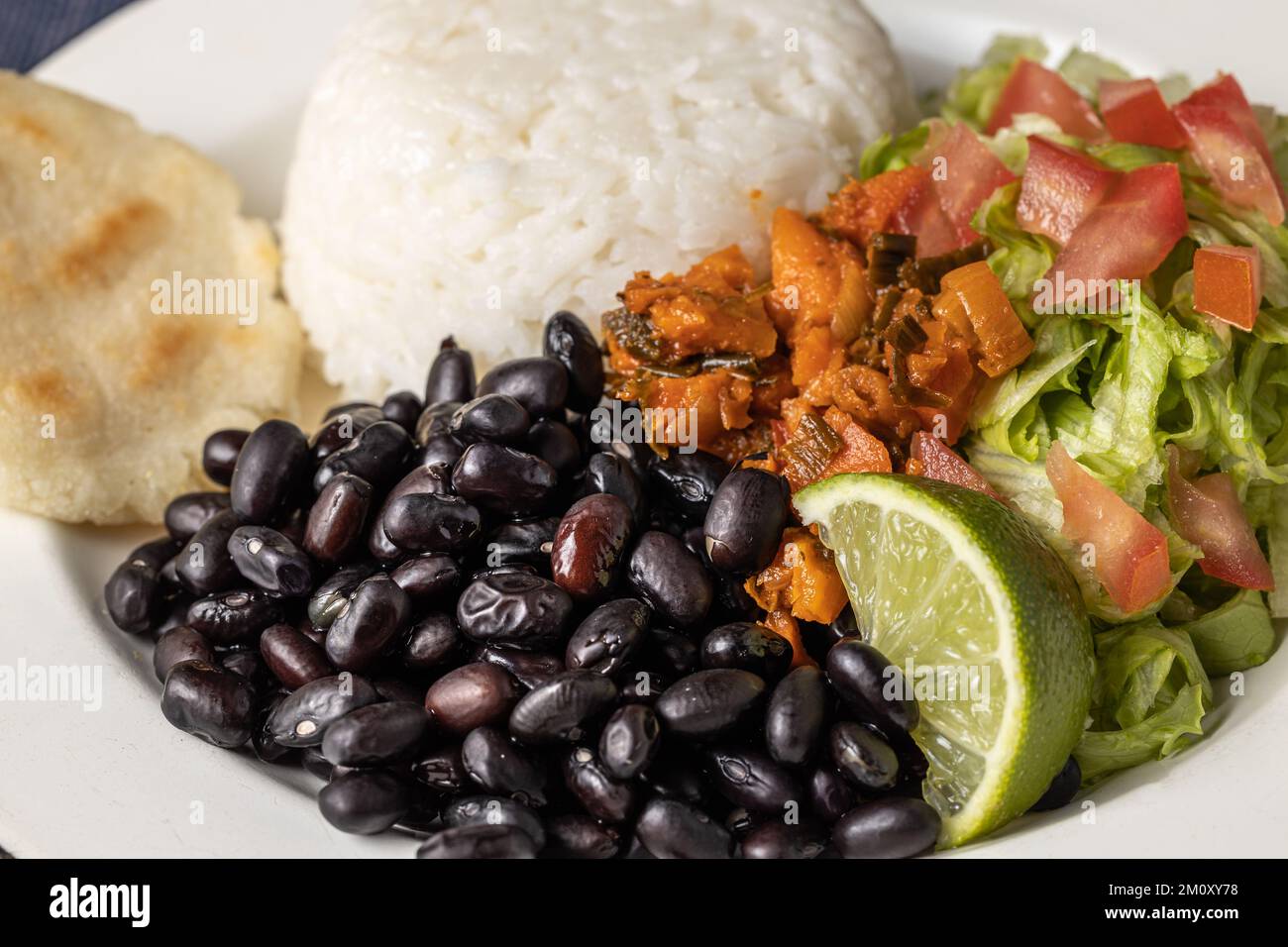 Extreme close up of Casado, typical Costa Rican dish with rice, beans ...