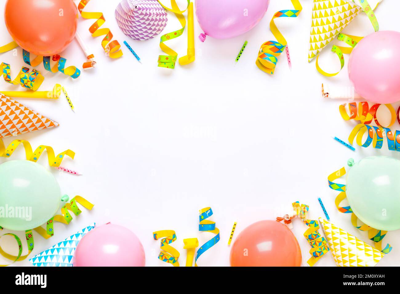 Frame of balloons and various party decorations top view. Flat lay ...