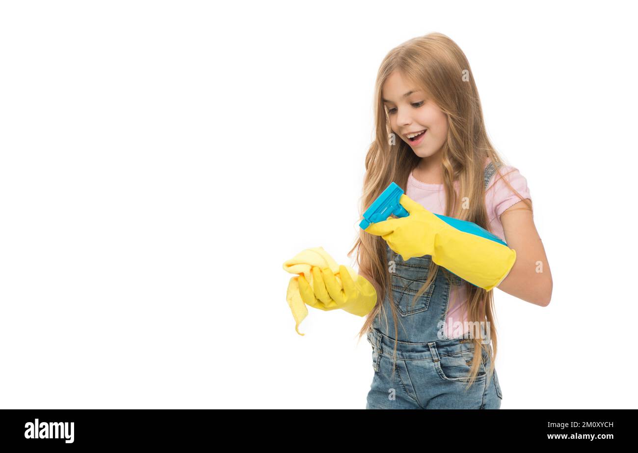 cleaner girl smile in washing gloves with copy space. teen girl cleaner ...