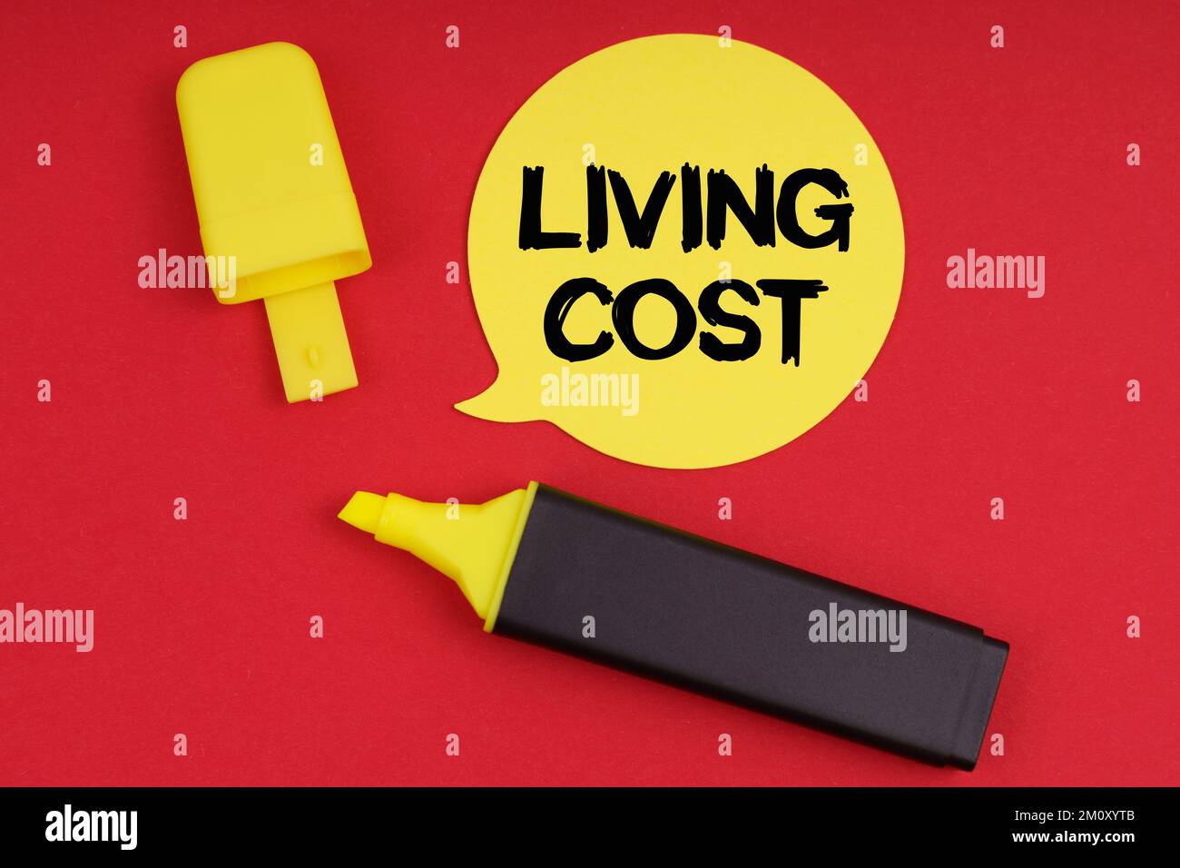 Business concept. On a red background is a marker and a sticker with ...