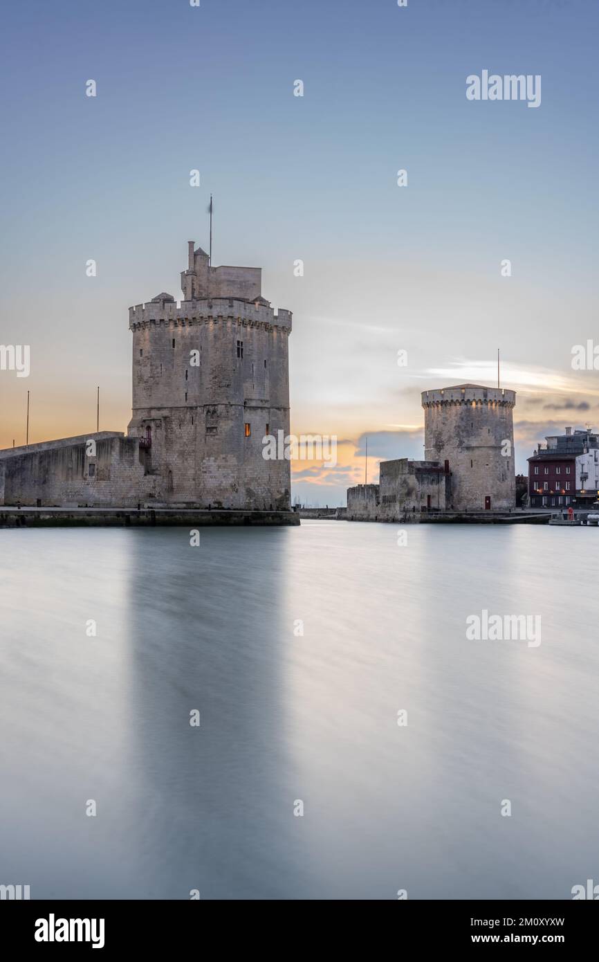 La rochelle harbor at sunset. Panorama skyline. the famous towers of La ...
