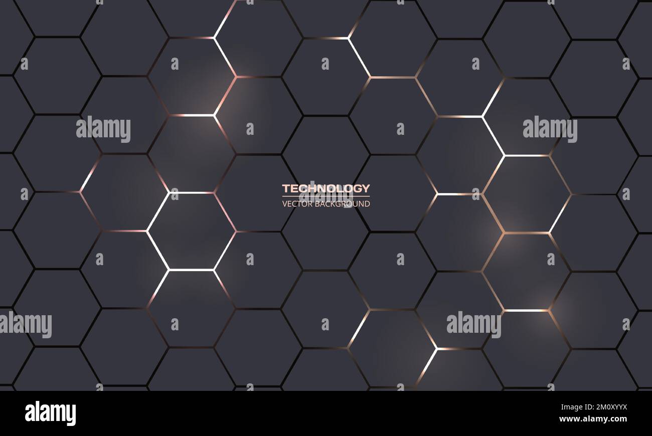 Dark gray hexagonal technology vector abstract background. Bright energy flashes under hexagon ...