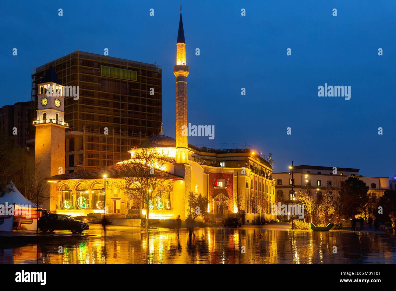 Ethem Bey Mosque at night on Skanderbeg Square. Tirana. Albania Stock ...