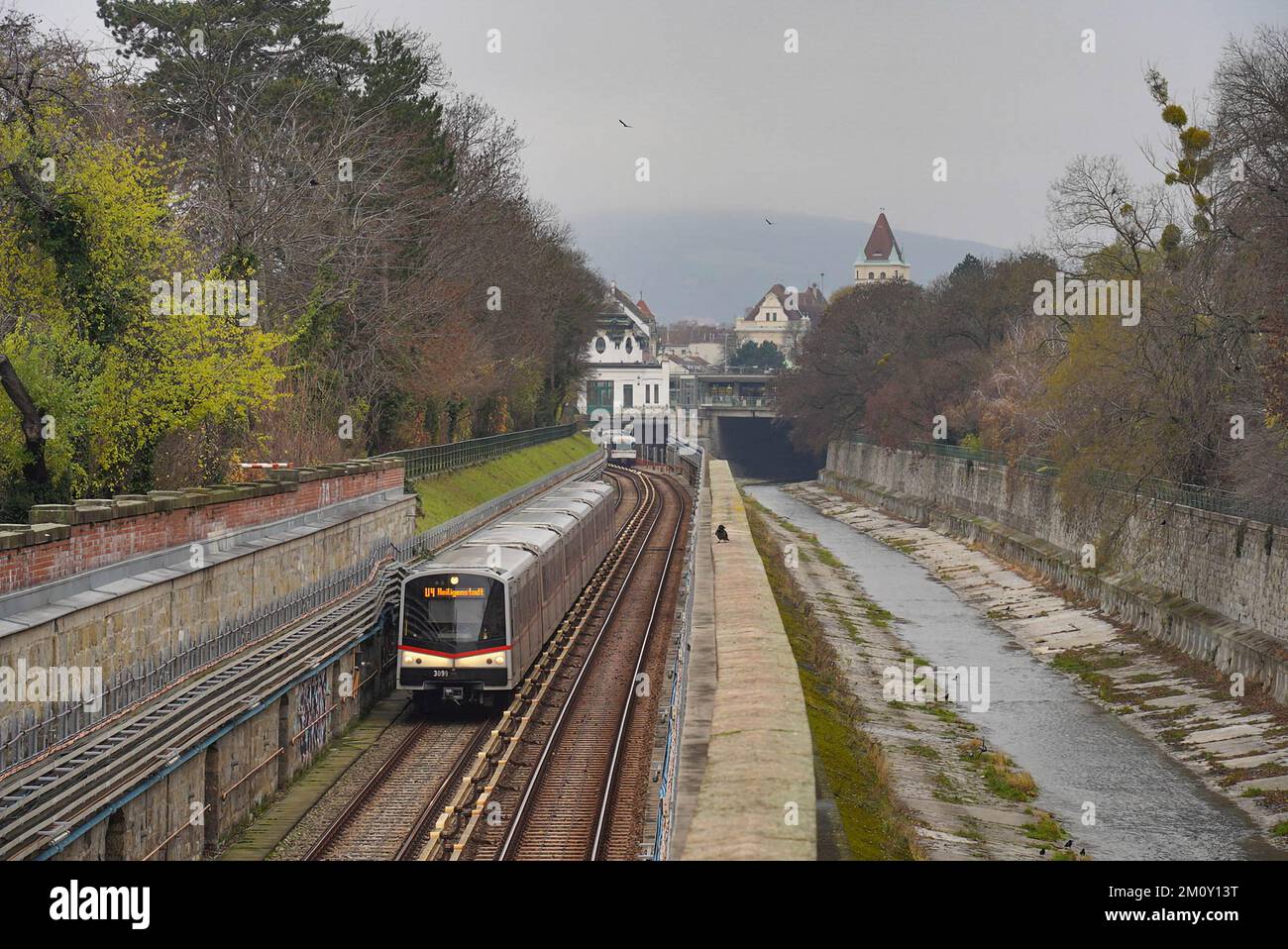 Vienna U-Bahn (U-Bahn Wien, underground railway) train moves along ...