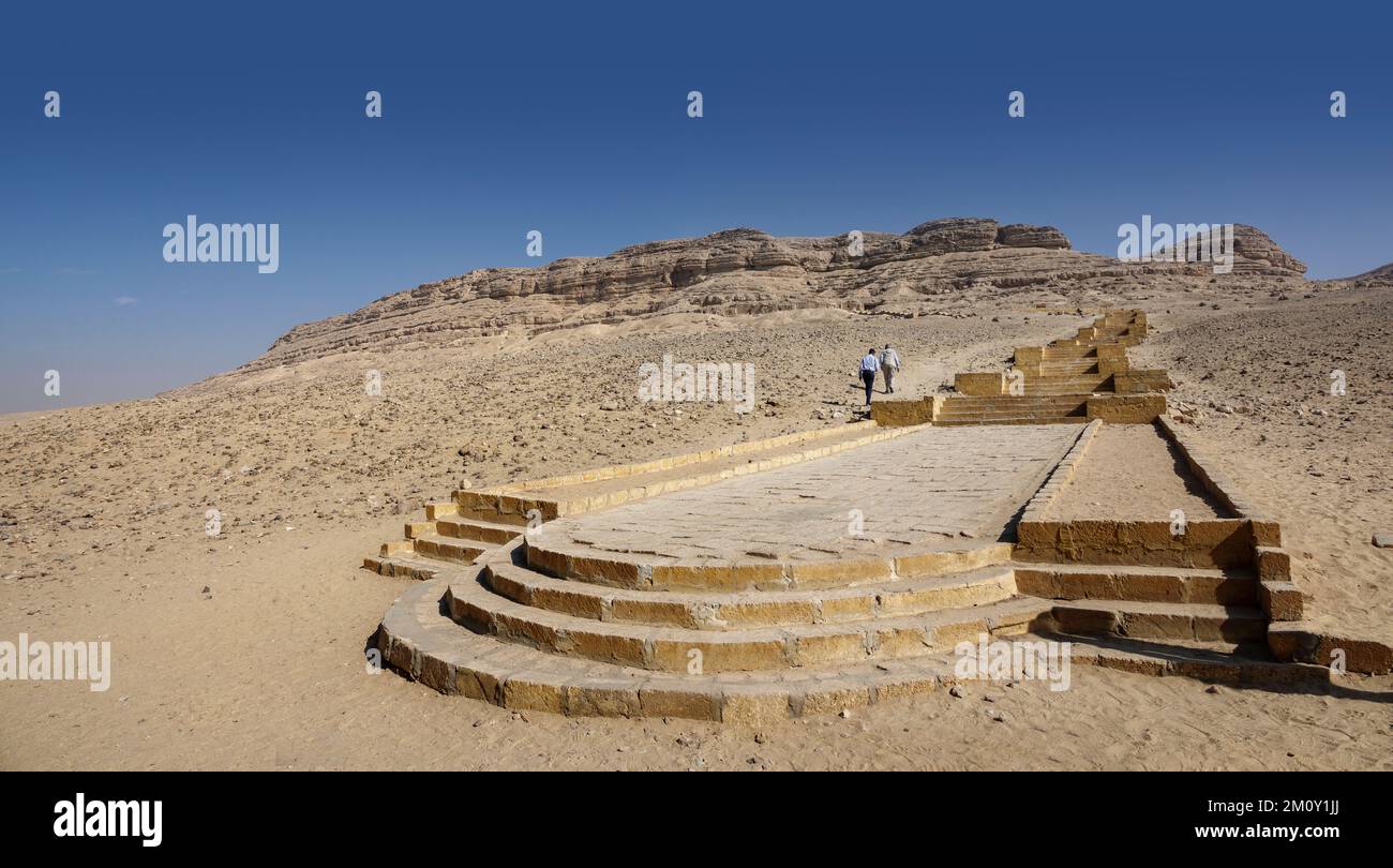 The steps leading up to the cliff with the rock tombs of Beni Hassan ...