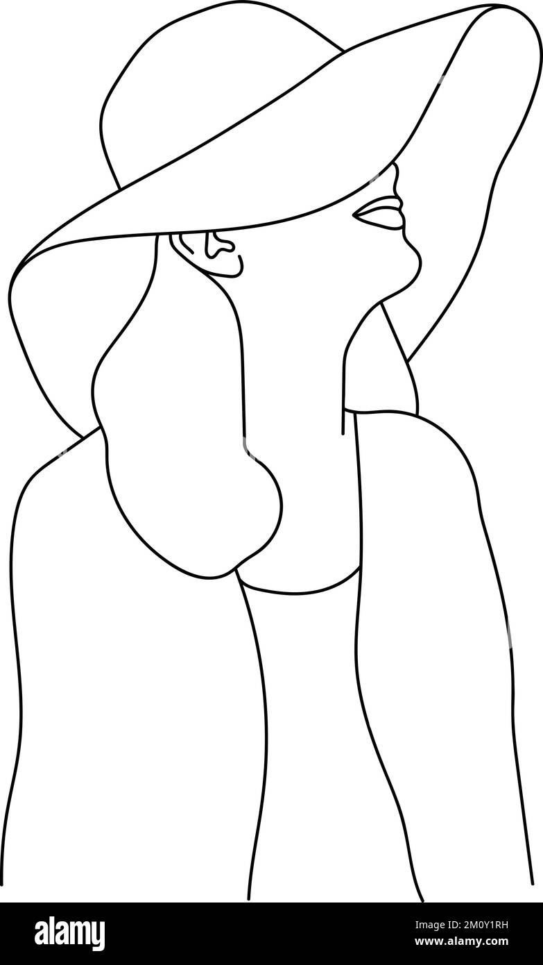 Woman with big hat black line art isolated vector Stock Vector Image ...