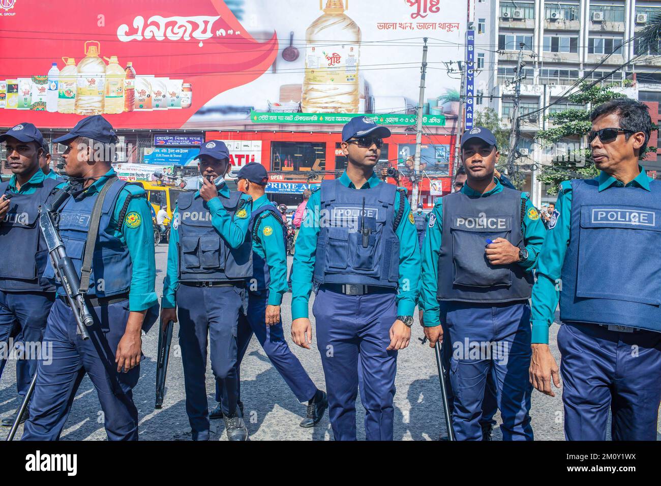 Dhaka, Bangladesh. 08th Dec, 2022. Police officers stand on guard in ...