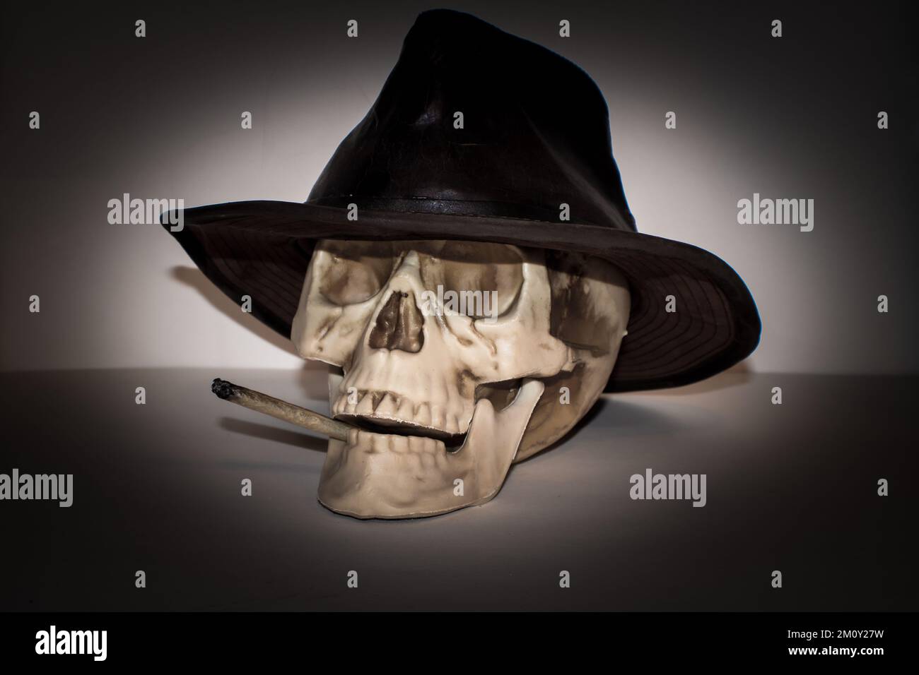 Skeleton skull wearing a leather outback hat is smoking a marijuana ...