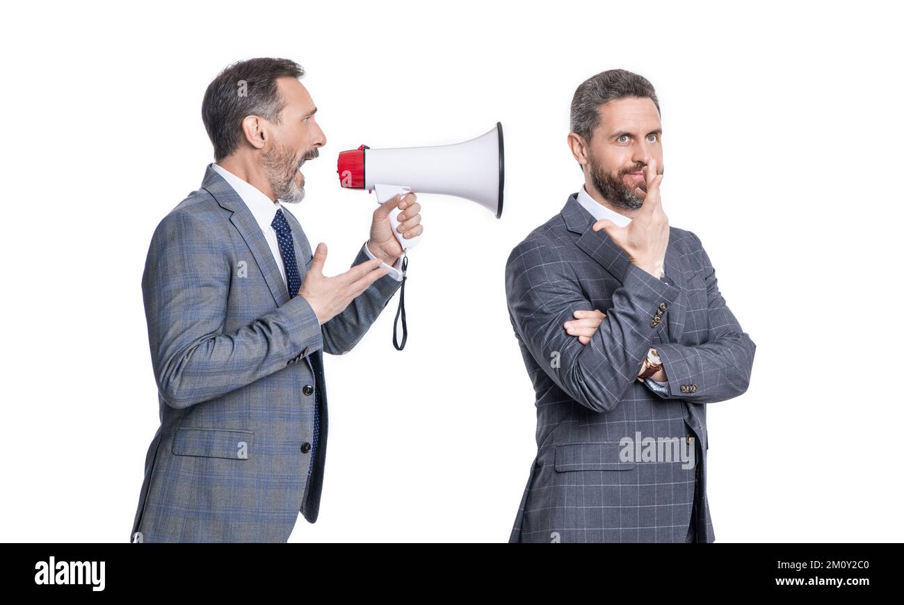 business men ignore yell in megaphone at studio. photo of business men ...