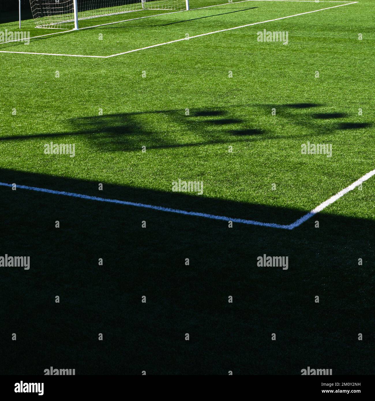Synthetic turf football field penalty area and reflected shadows Stock ...