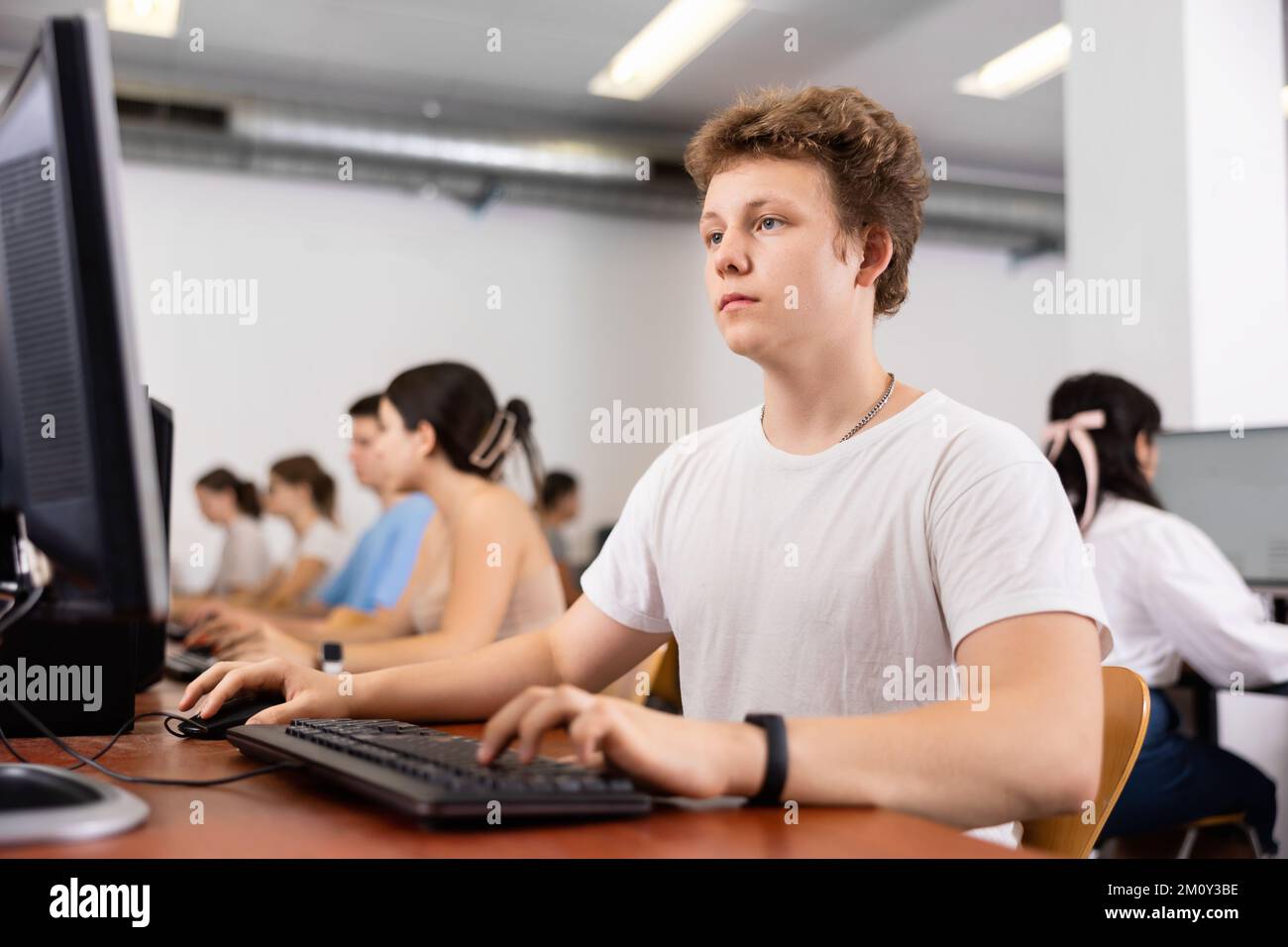 Teenager boy using PC during computer science lesson Stock Photo - Alamy