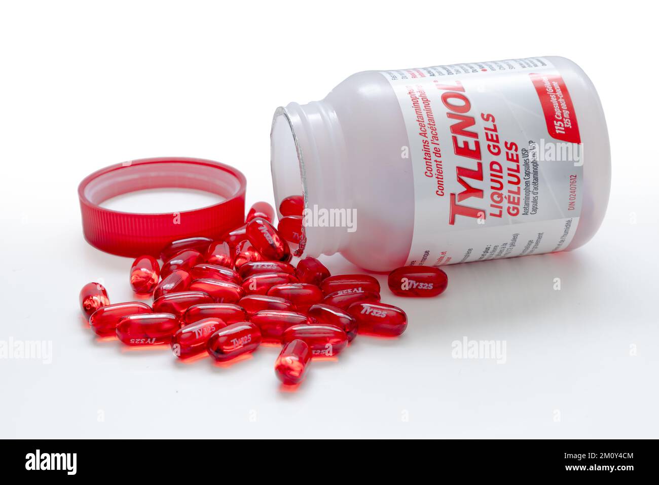 Dec 8, 2022. An open Tylenol bottle of liquid gels pills for fast pain ...