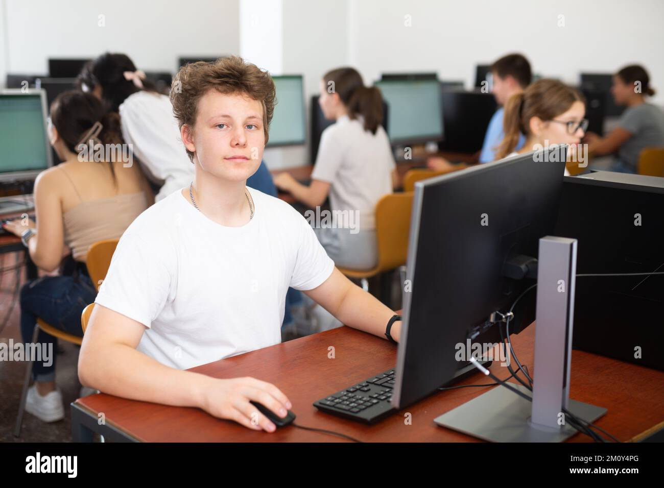 Portrait of smiling boy student looking at camera during lesson in ...