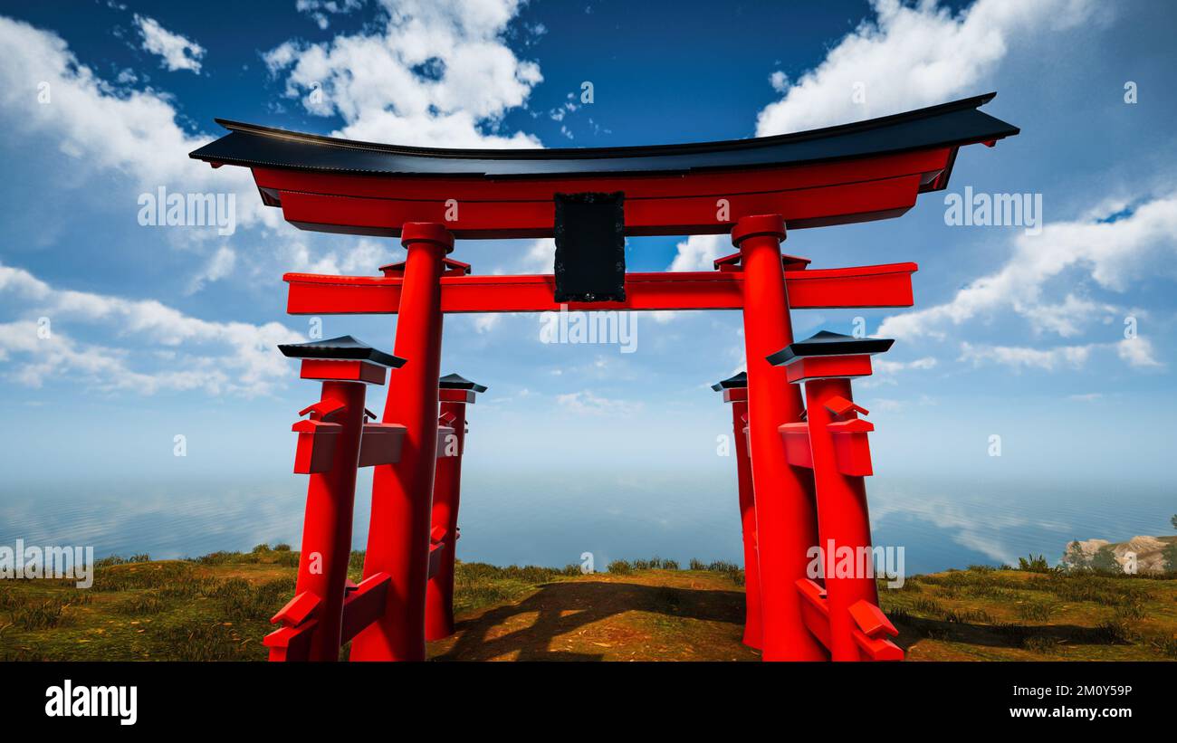 3D rendering. Japanese traditional gate Torii, symbol of Shintoism .Natural landscape Stock ...
