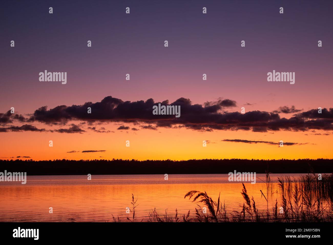 Easy calm sunset in autumn by the lake. With a purple sky and a cloud ...