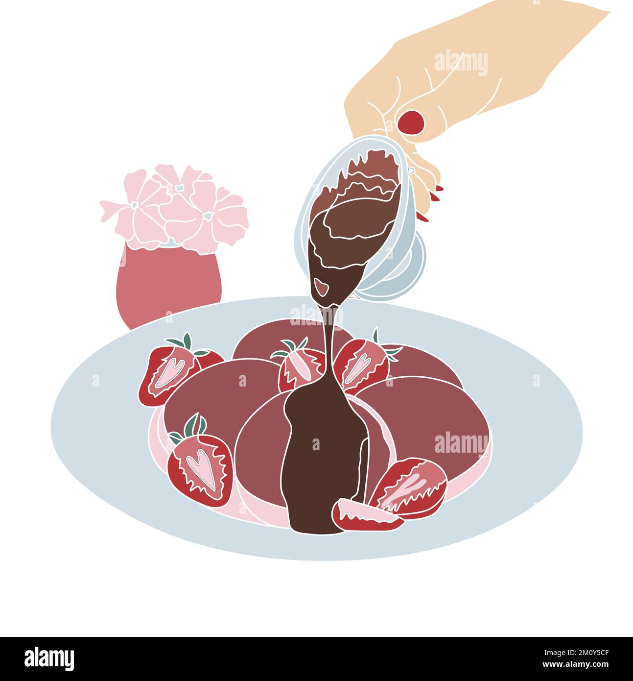 Still life of dessert, strawberries and flowers. Vector illustration in ...