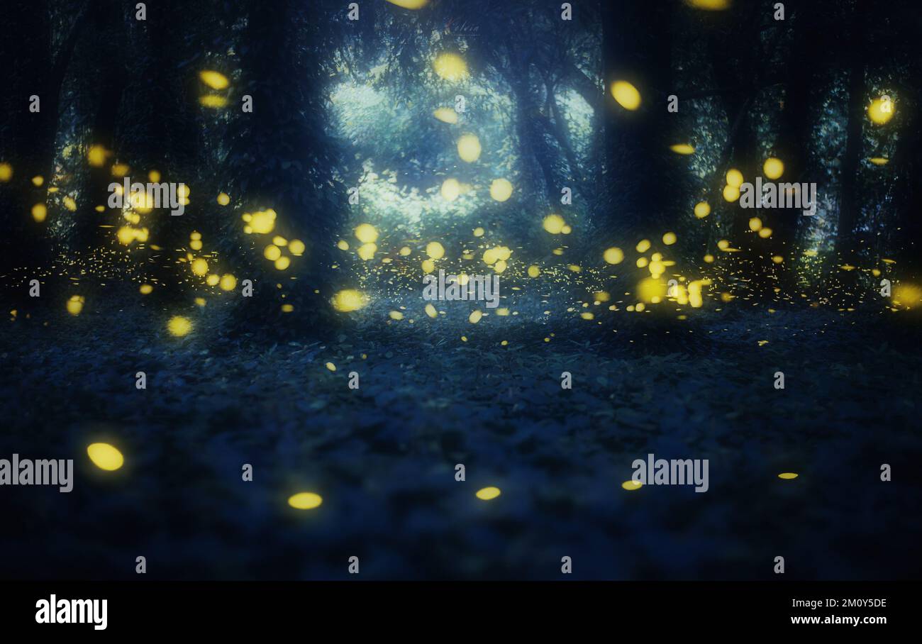 A beautiful view of glowing yellow fireflies flying in the dark forest ...