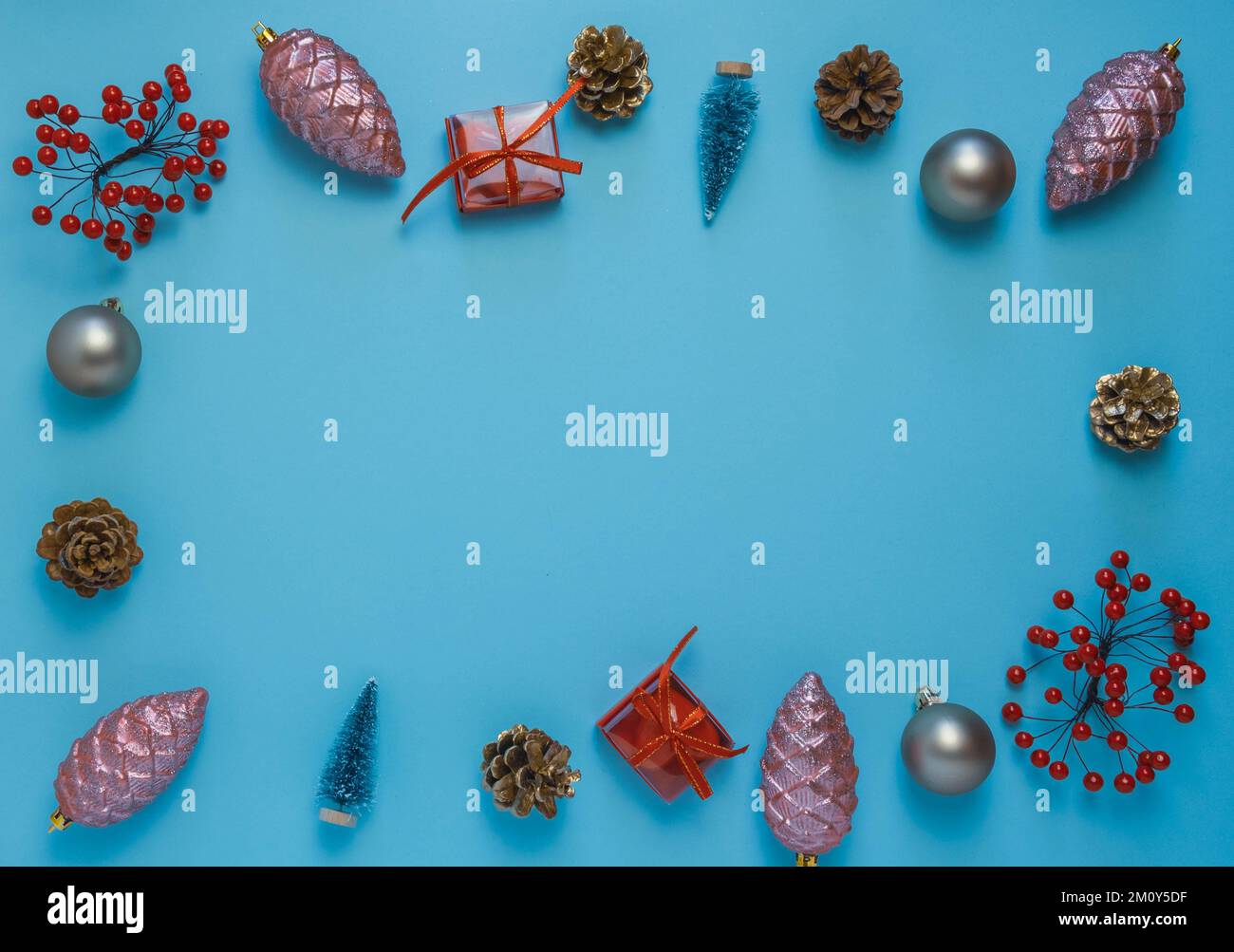 Flat lay composition with gift boxes and christmas decor on blue ...