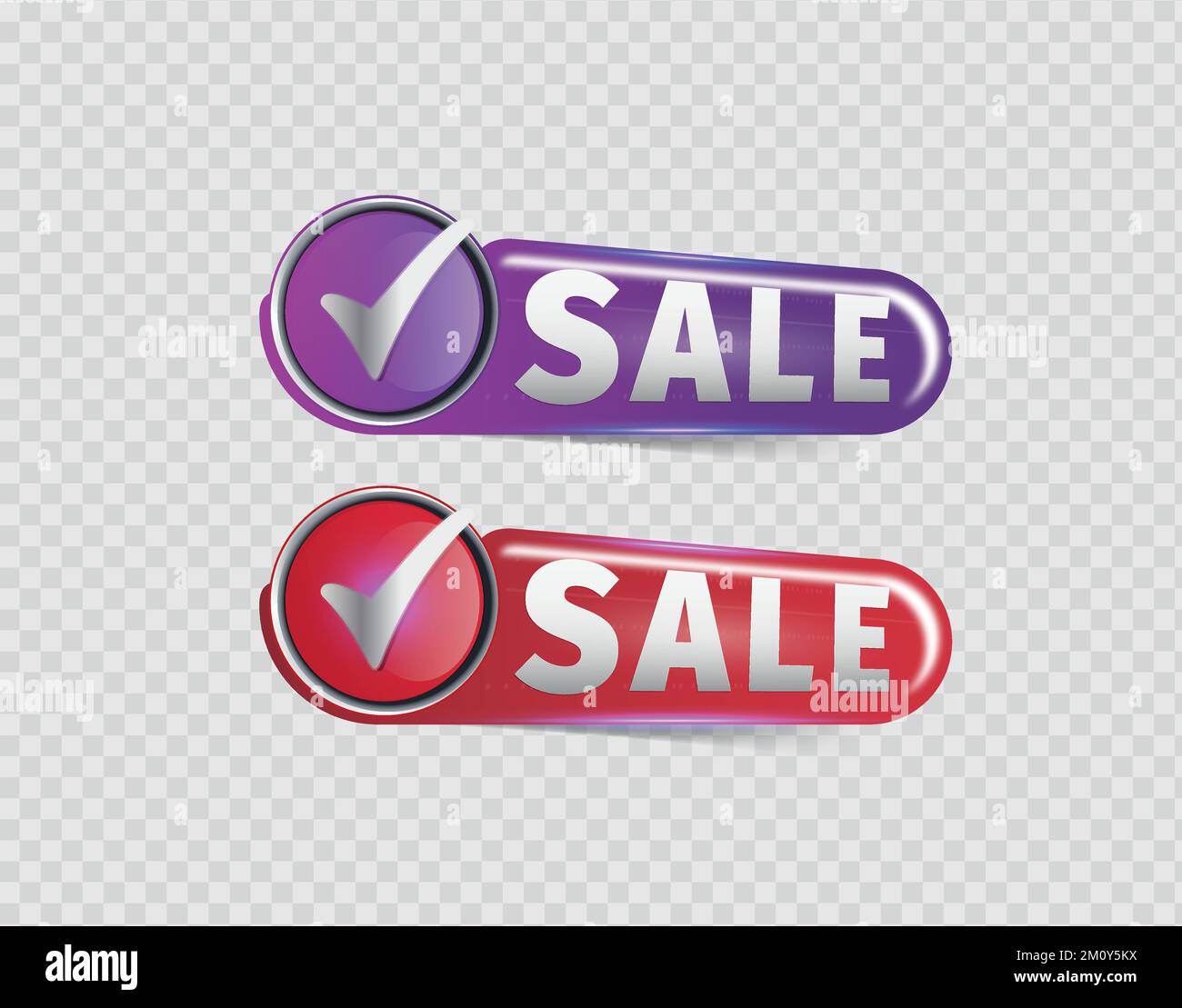A symbol of sale with a tick mark in purple and red colors isolated on ...