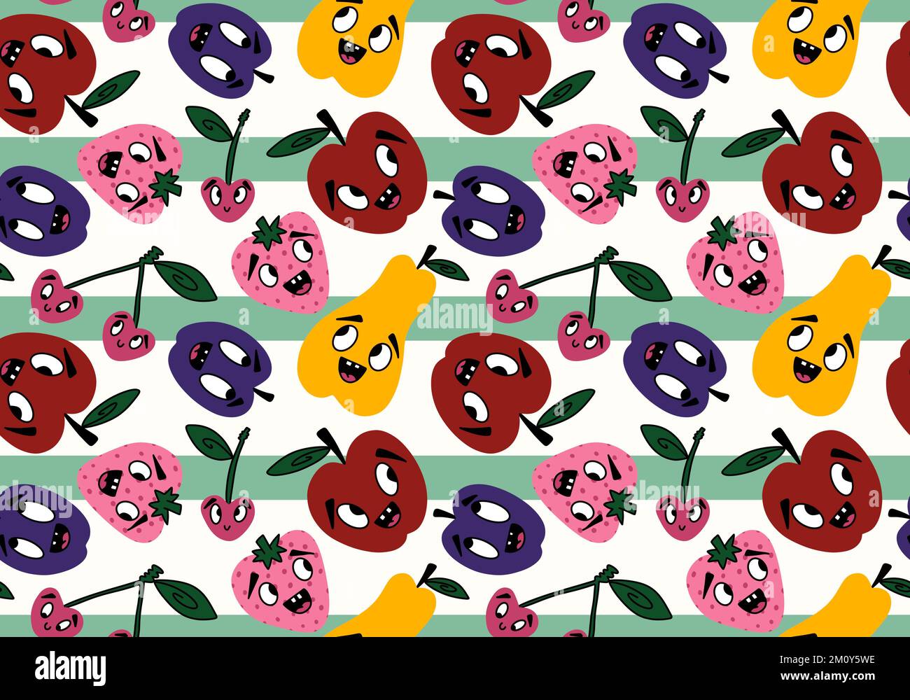 Cartoon fruit harvest seamless apples and pears and plums pattern for ...
