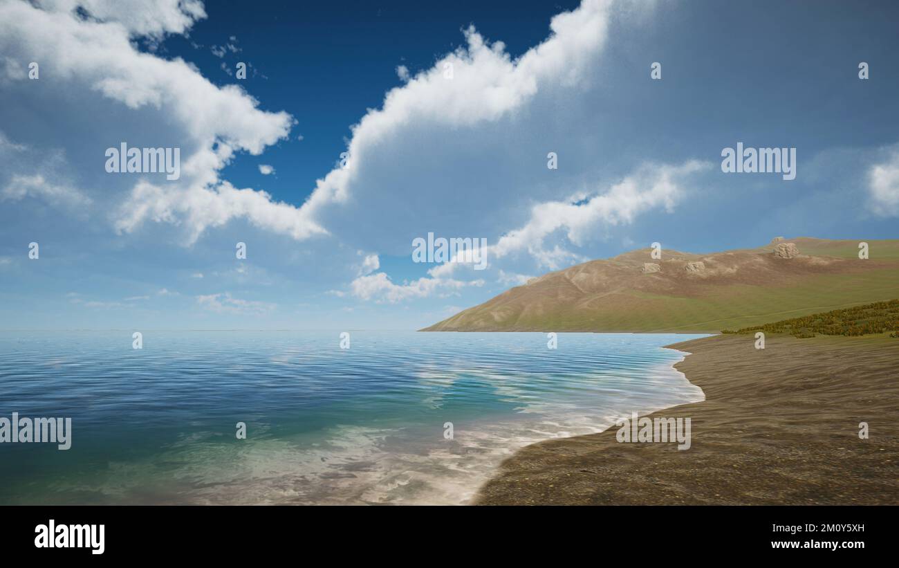 3D rendering. Natural environment of a green island with no trees ...