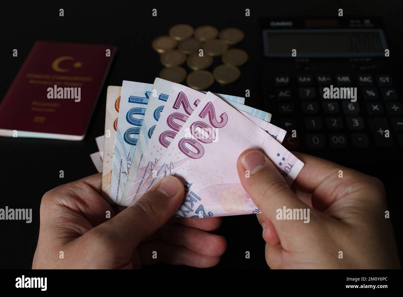 Hand of man counting Turkish money. Turkish lira banknotes. Paper ...
