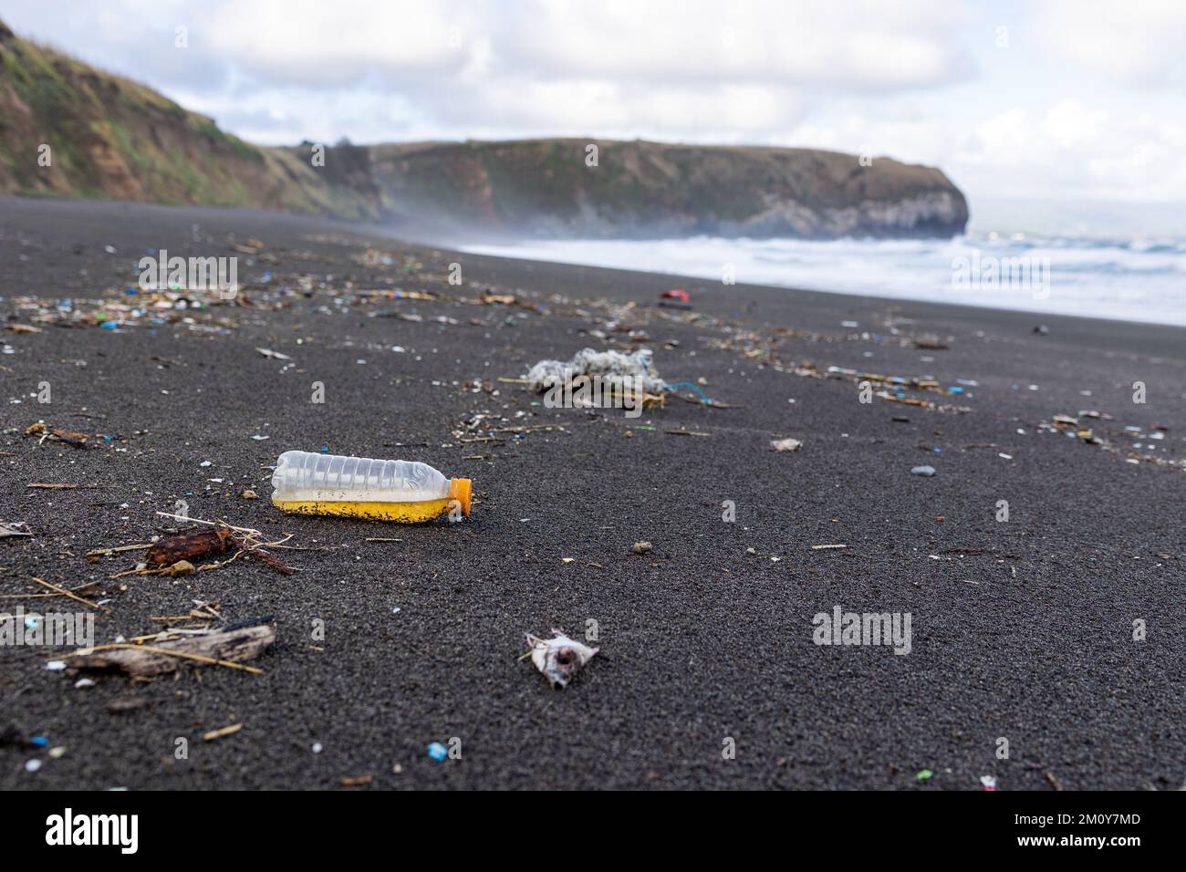 Trash in the sand, plastic waste by the ocean, sad and unsustainable ...