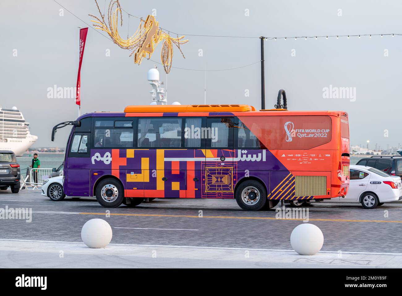 FIFA buses on Road at Corniche Mina Park Doha Stock Photo - Alamy