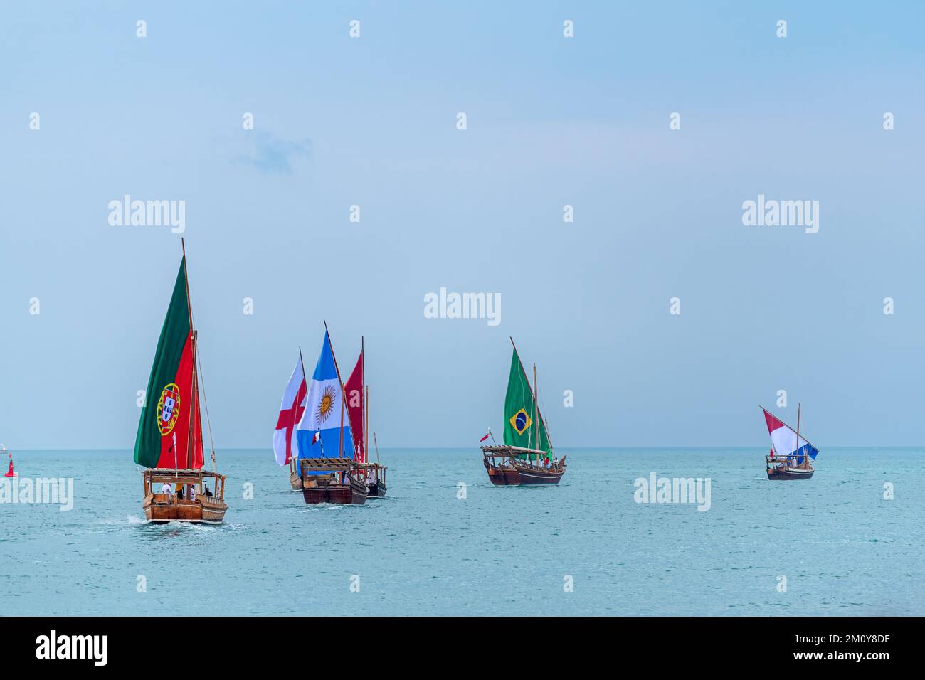 Doha, Qatar - December 06, 2022: Dhow Boat at Corniche beach Doha with ...