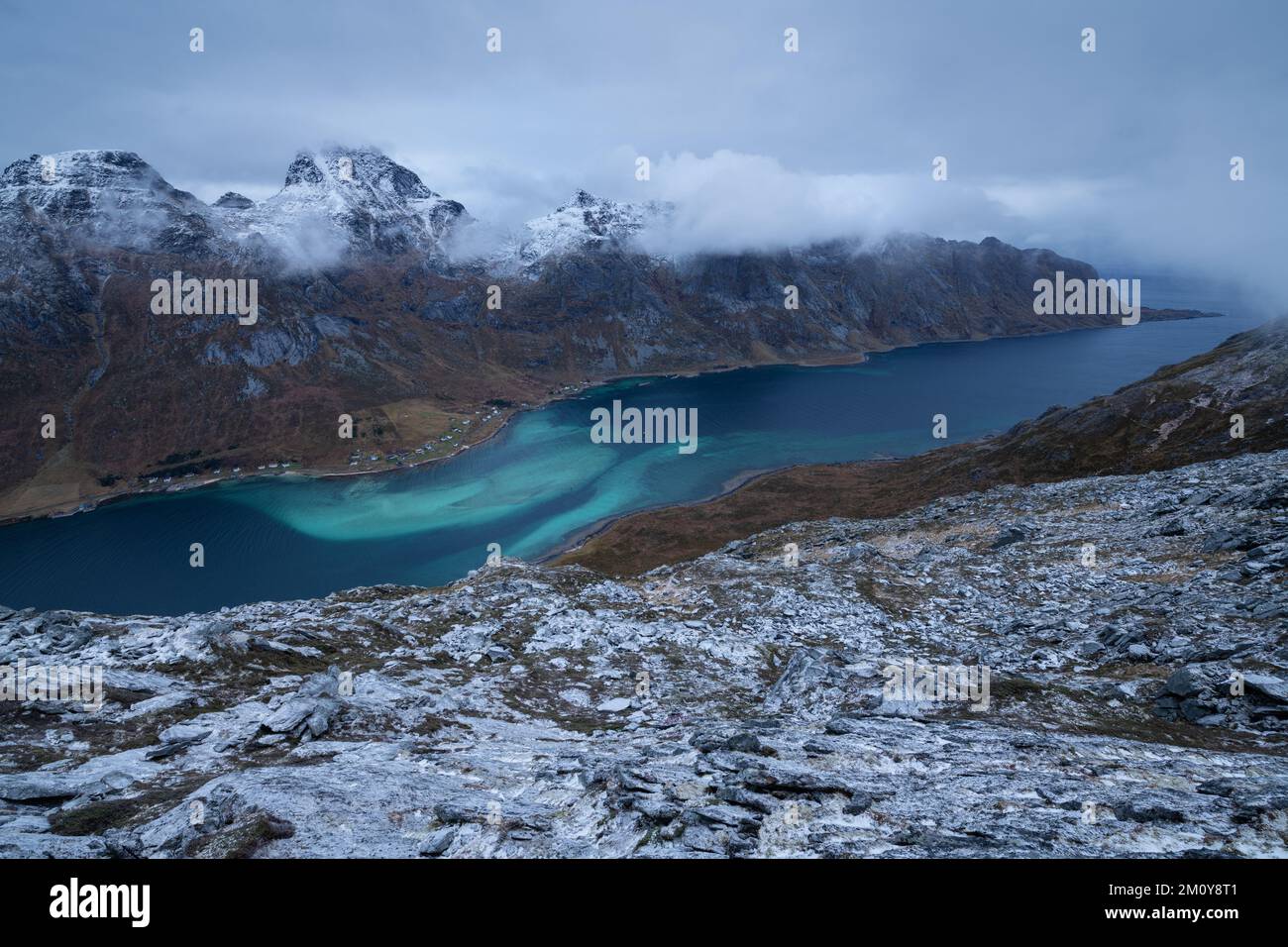 Skjellfjord below snow dusted mountains, Lofoten Islands, Norway Stock ...
