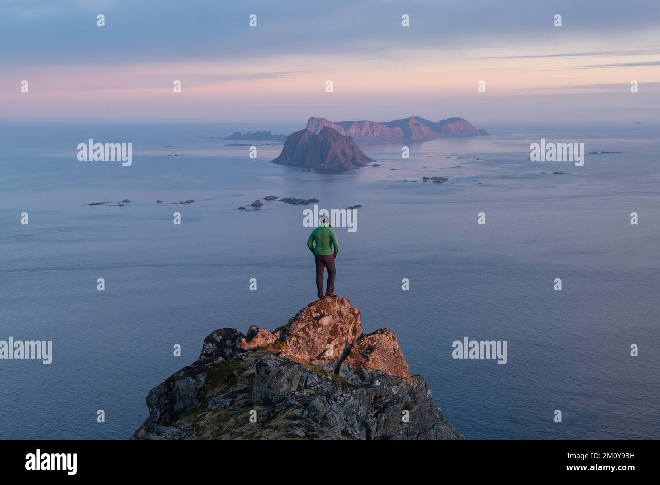 Hellsegga plateau overlooking Moskstraumen, Lofoten Islands, Norway ...