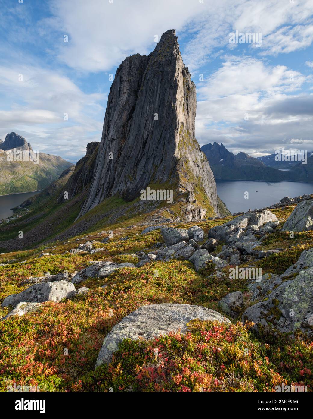 Iconic Segla mountain peak rises over autumn landscape, Senja, Norway ...
