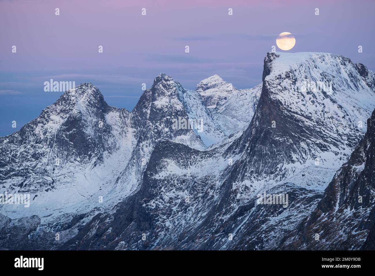 Full moon over mountains from Reinebringen, Lofoten Islands, Norway ...