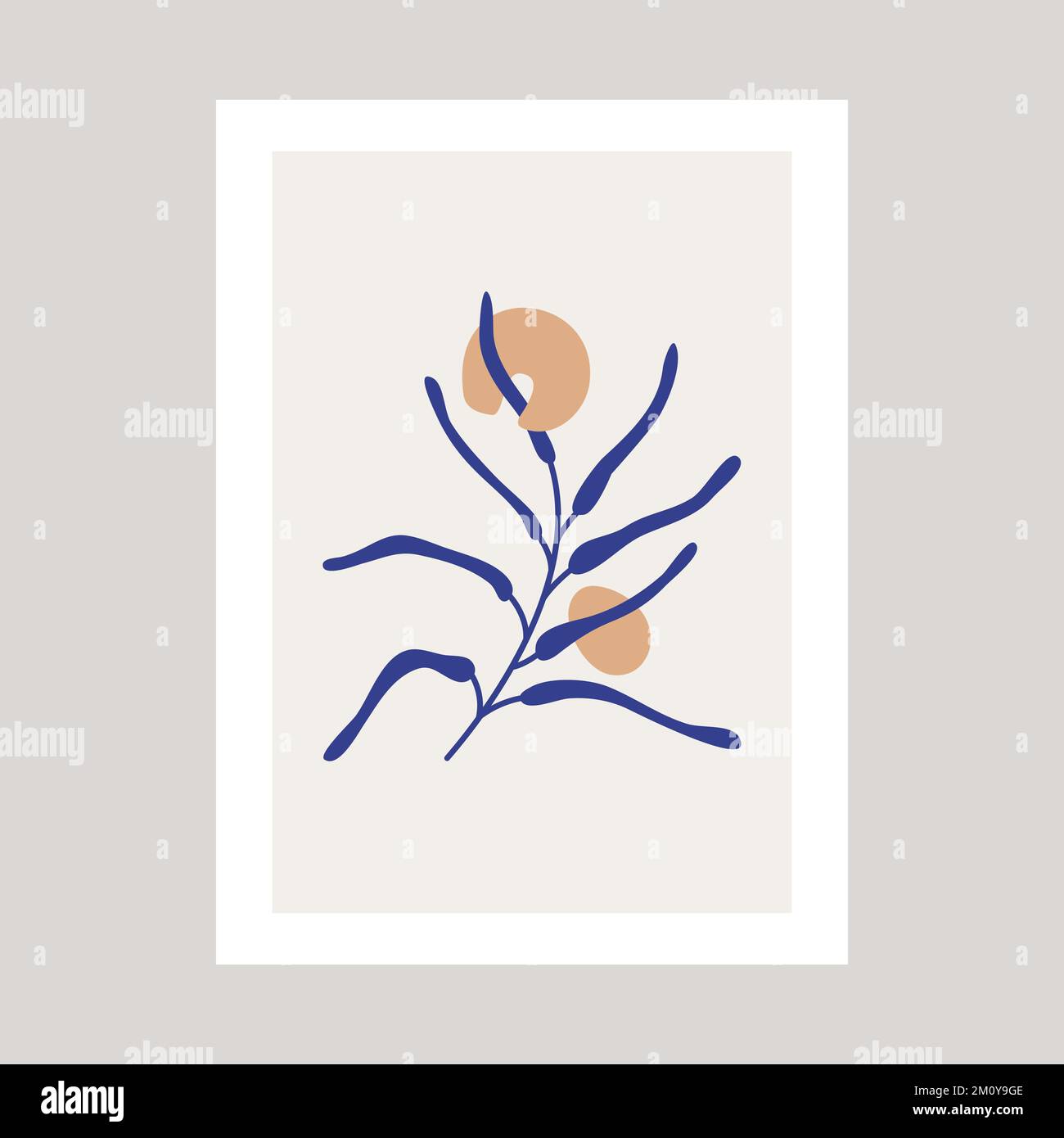 Abstract poster with one Branch and two shapes drawing in blue and ...