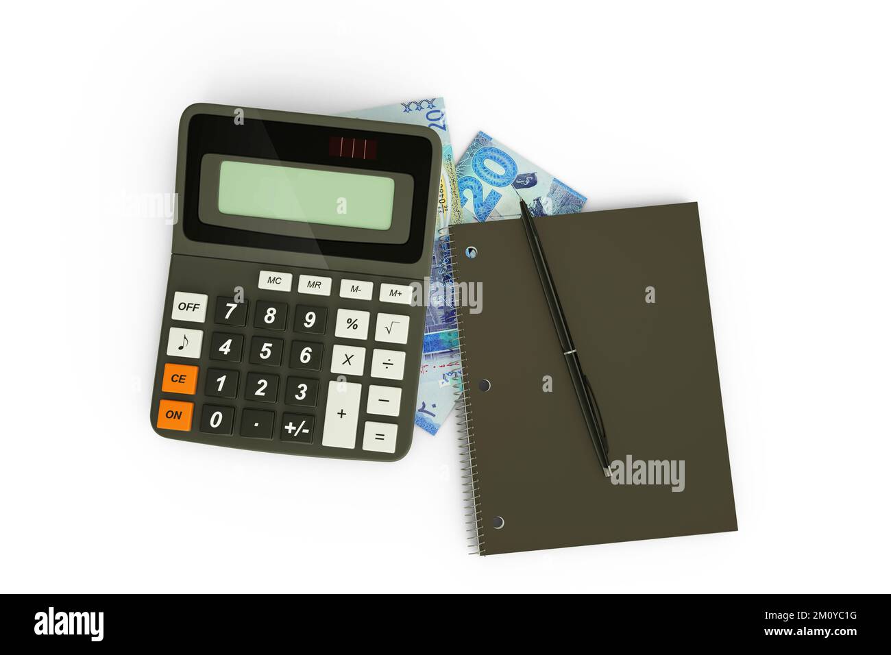 3D rendering of a composition of Kuwaiti dinar notes, a calculator, a ...